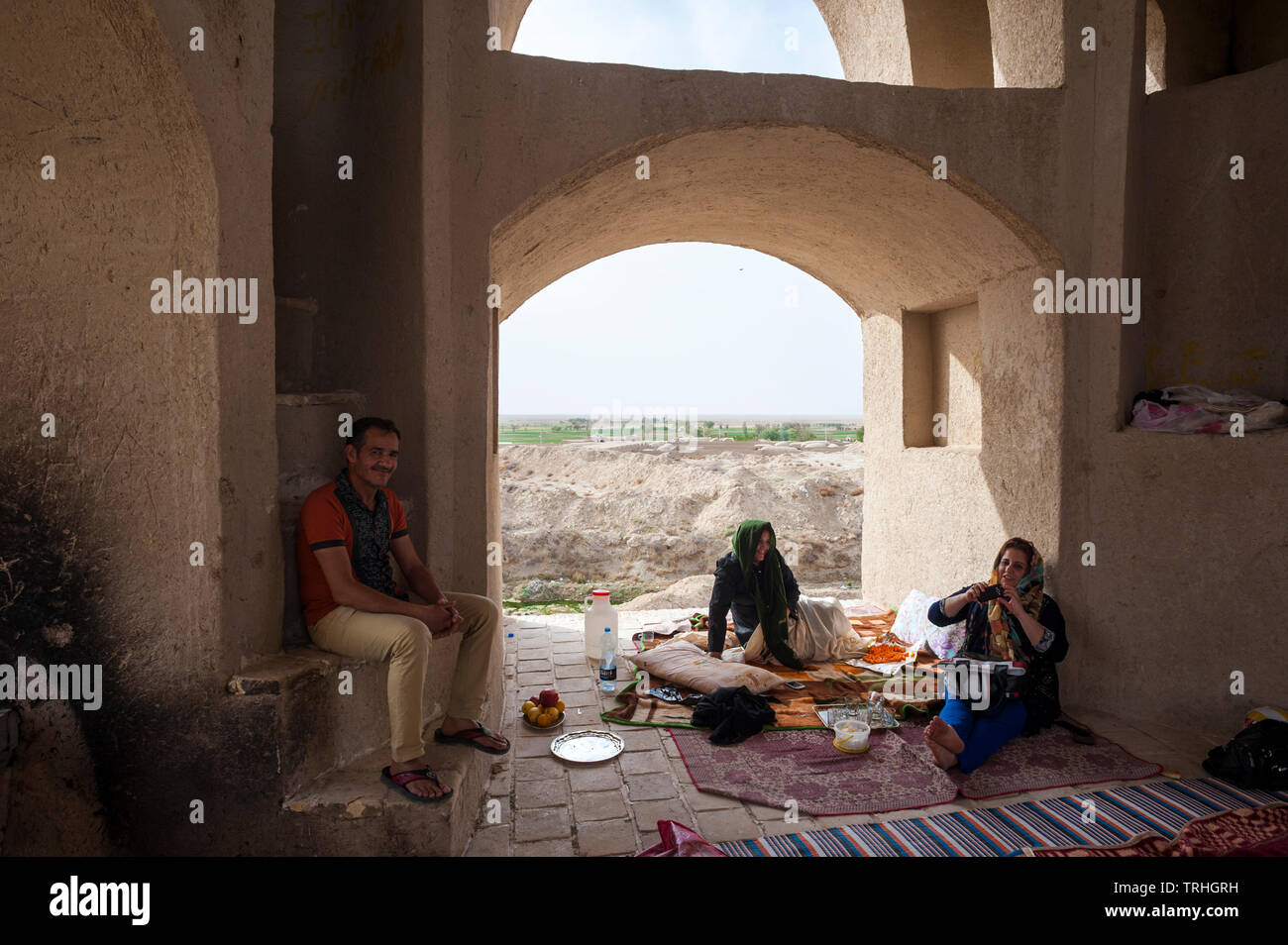 Picnickers inside the Zoroastrian temple for Anahita, the goddess of ...