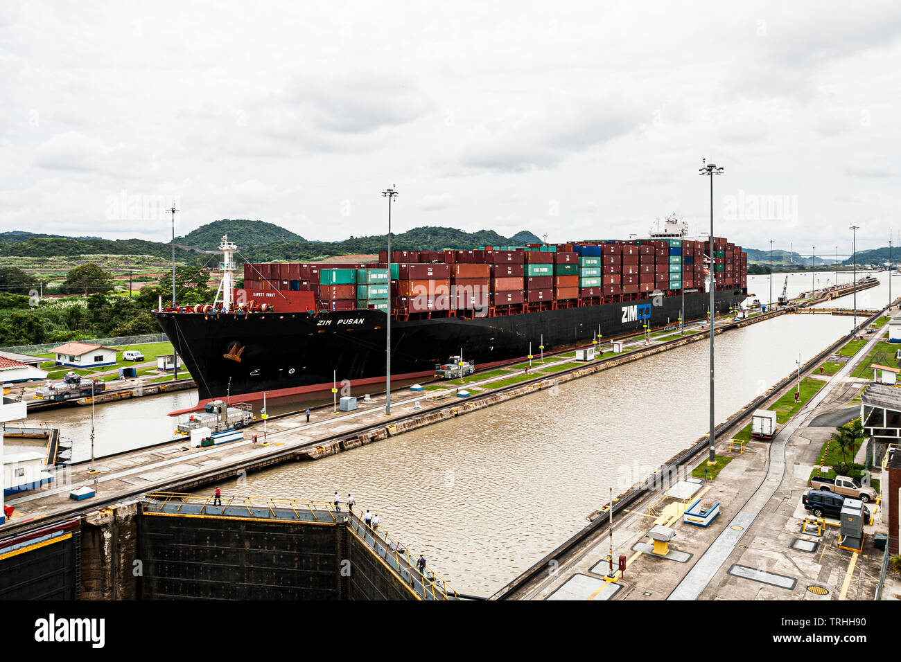 Ship at Miraflores Locks in Panama Canal. Panama City, Panama Stock ...