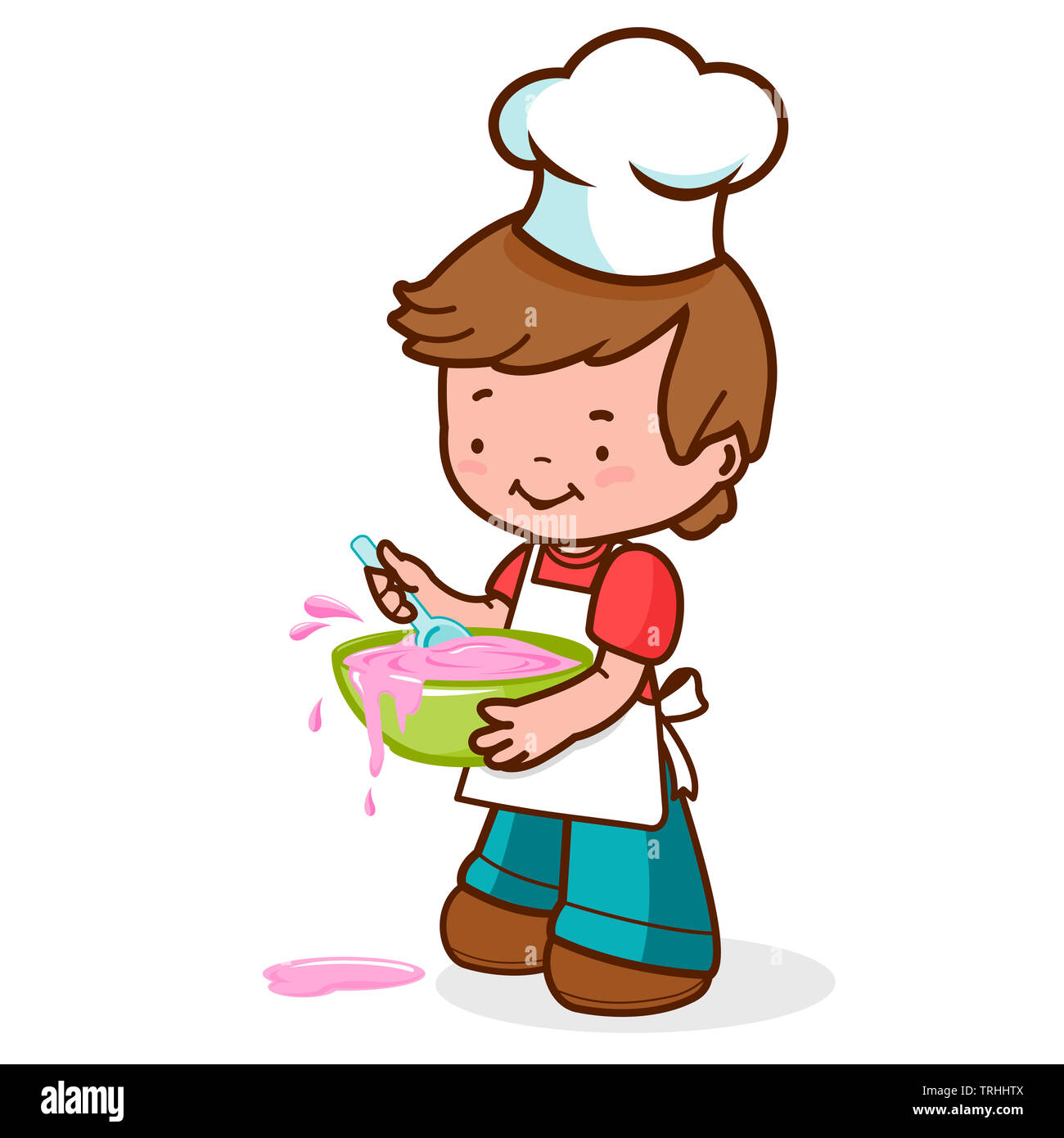 A little boy with a chef uniform cooking and making a mess in the ...