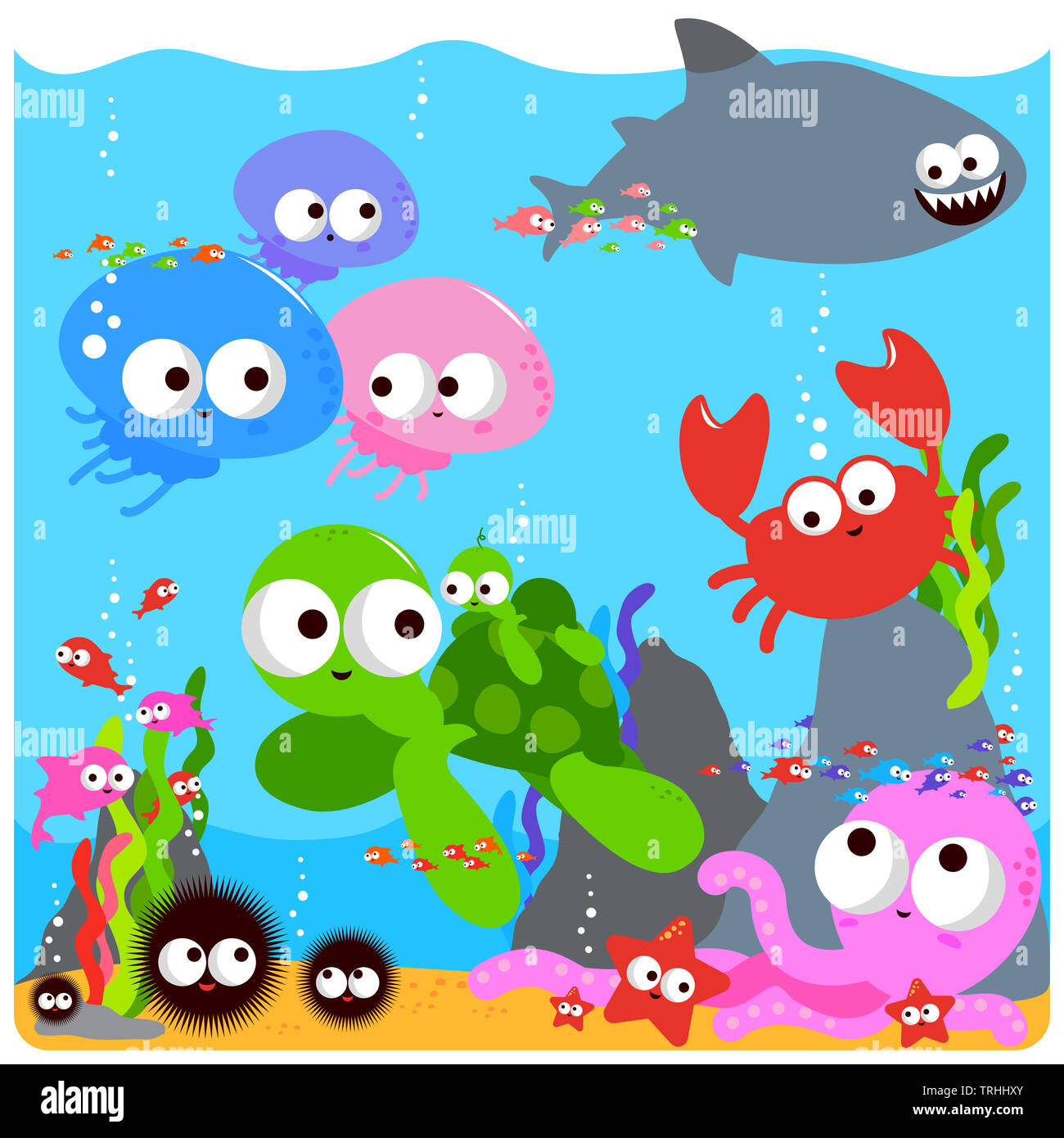 Cute fish, octopus, jellyfish, sea turtles, and shark characters ...