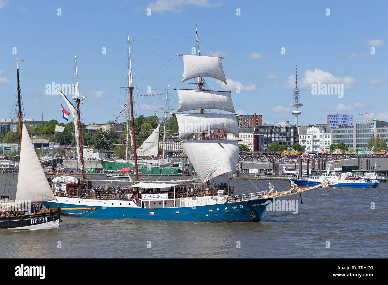 sailing ship Atlantis in front of Elbpromenade during 830. Harbour ...