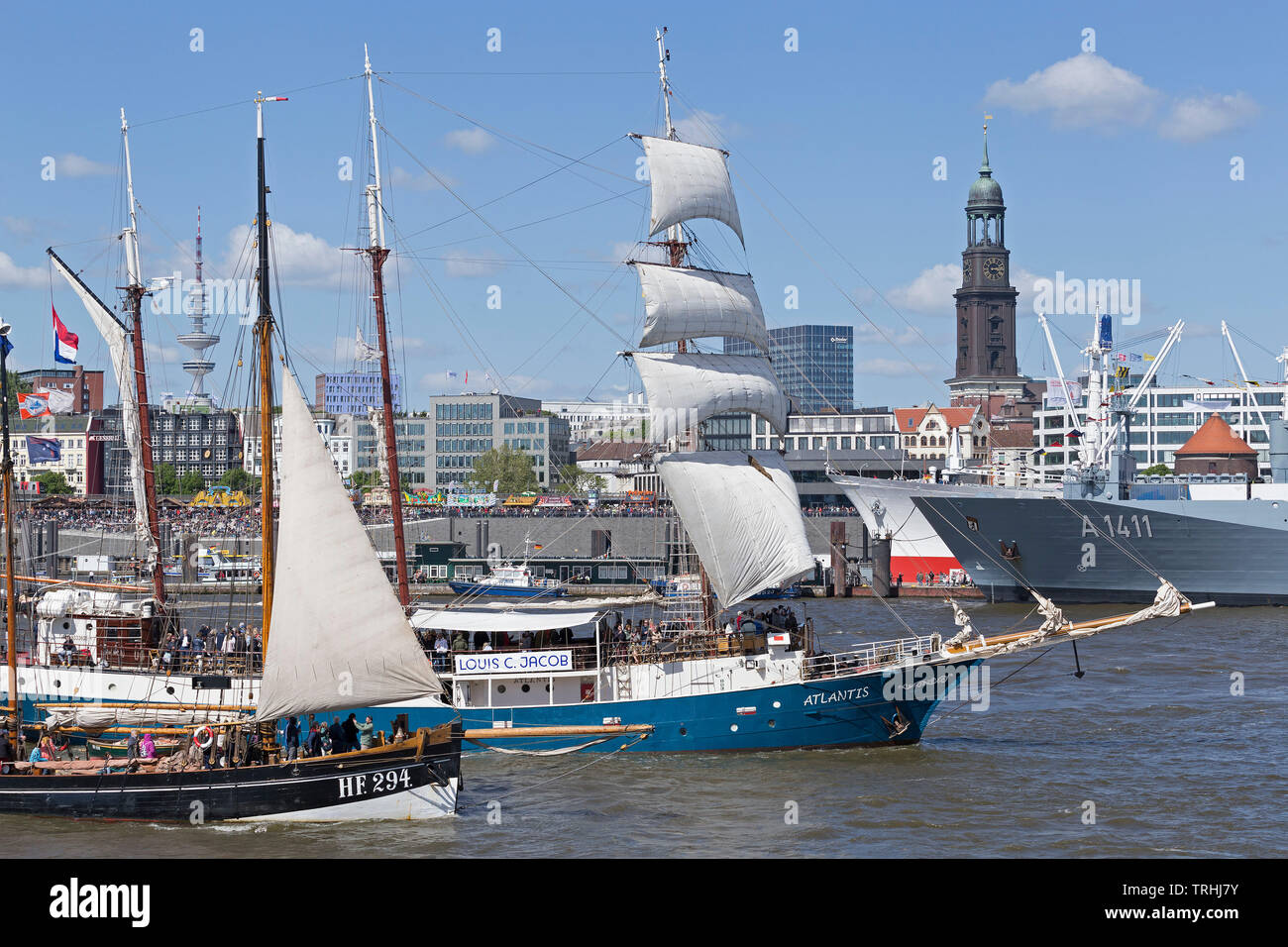 sailing ship Atlantis in front of Elbpromenade during 830. Harbour ...