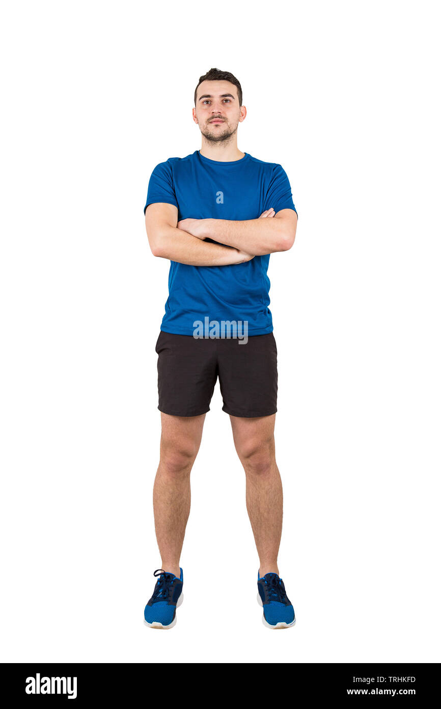 Full length portrait of strong man professional athlete keeps arms ...
