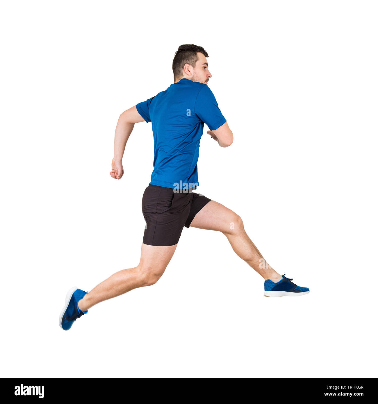 Side vie full length of determined caucasian man athlete jumping over ...