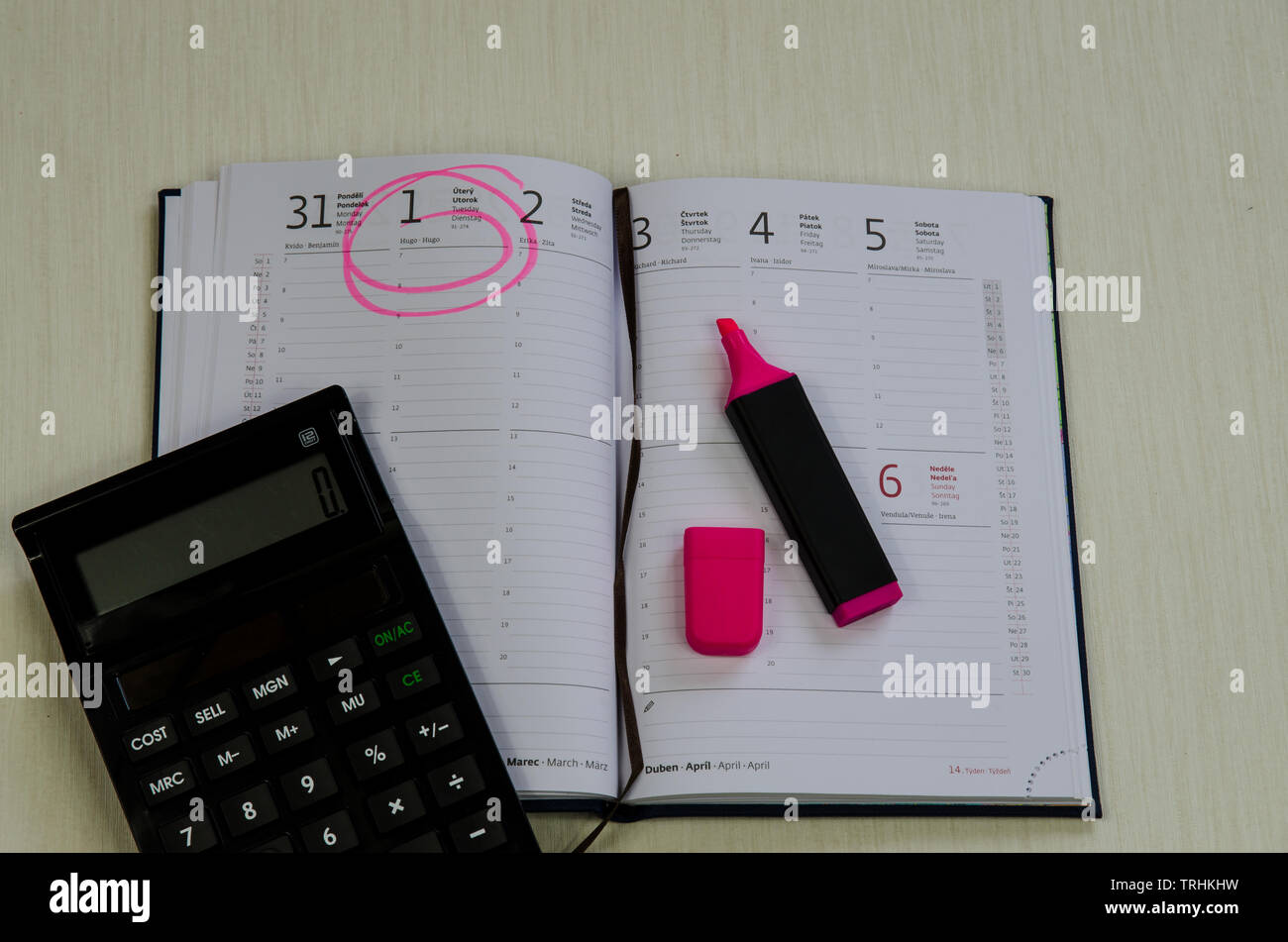 open calendar with marked date and red marker Stock Photo - Alamy