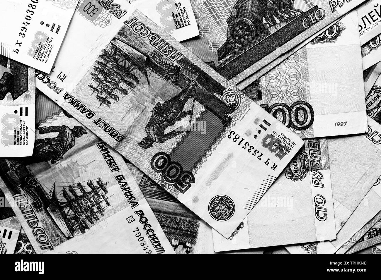 Different Russian rubles close up. Money background black and white ...