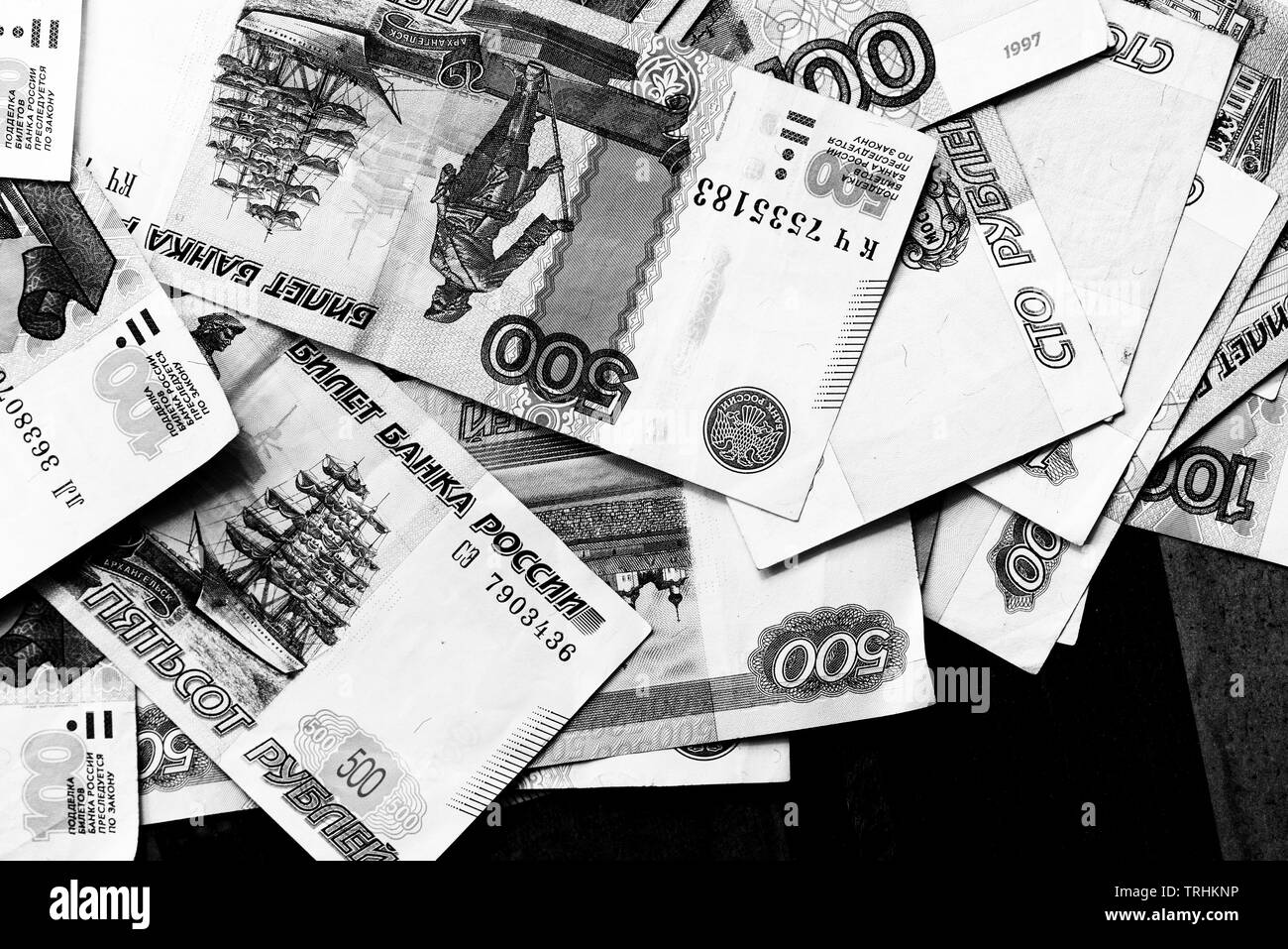 Different Russian rubles close up. Money background black and white ...