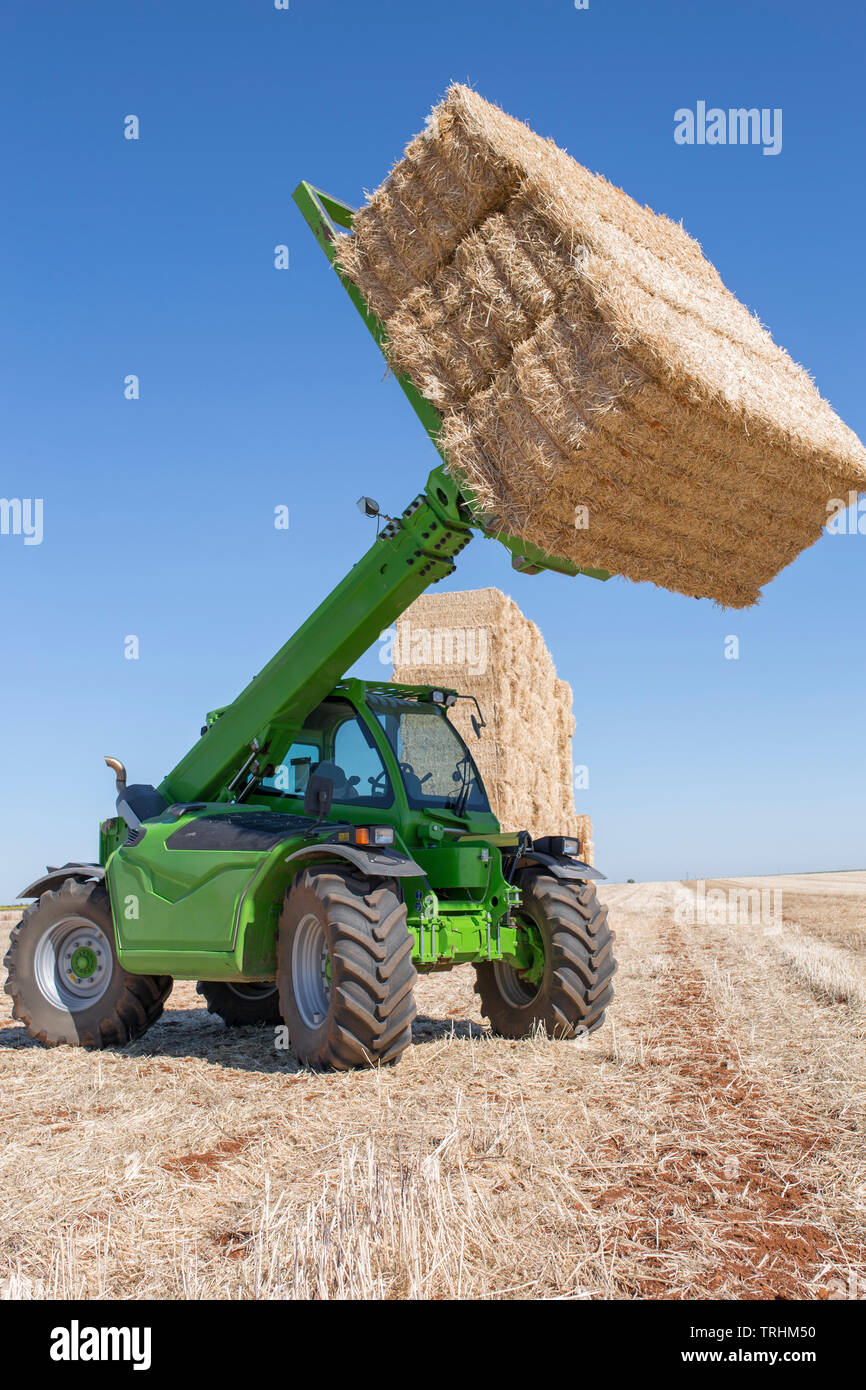 Telescopic handler gathering and stacking bales. Telescopic machinery ...