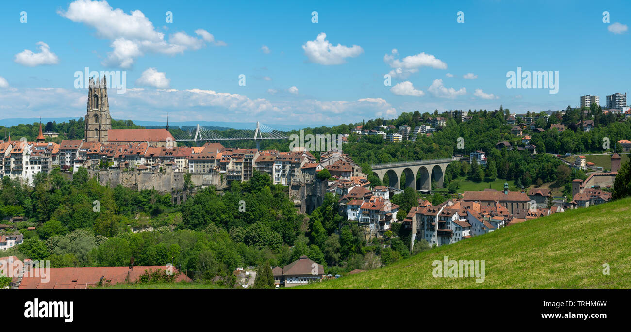 A panorama view of the historic Swiss city of Fribourg with its old ...