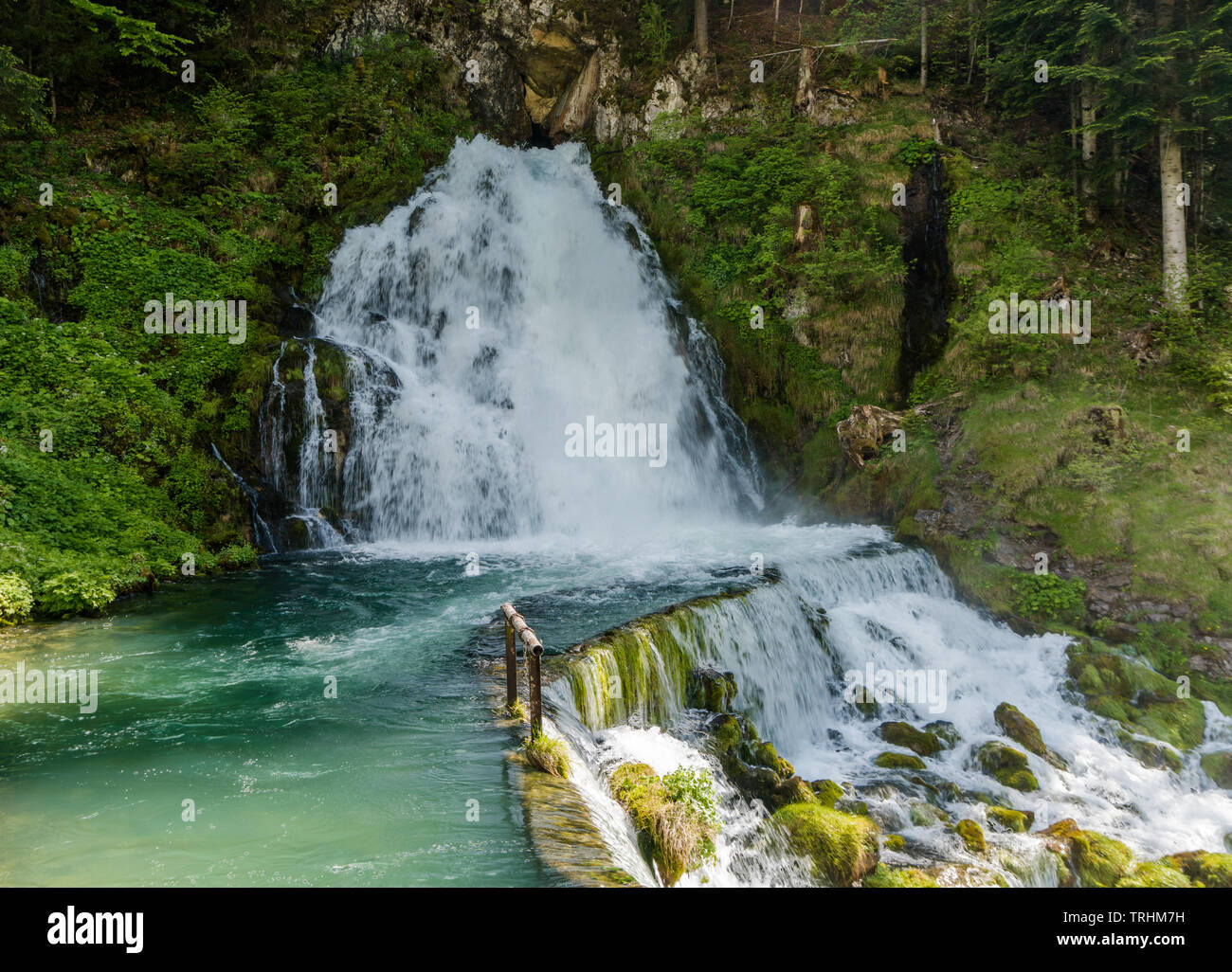 the idyllic and picturesque Jaunfall waterfall in the Swiss Alps in the ...