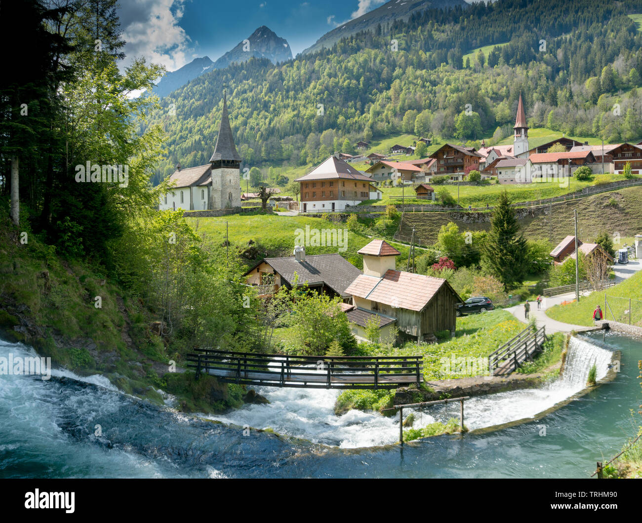 Jaun, FR / Switzerland - 30 May 2019: tourist visiting the idyllic ...