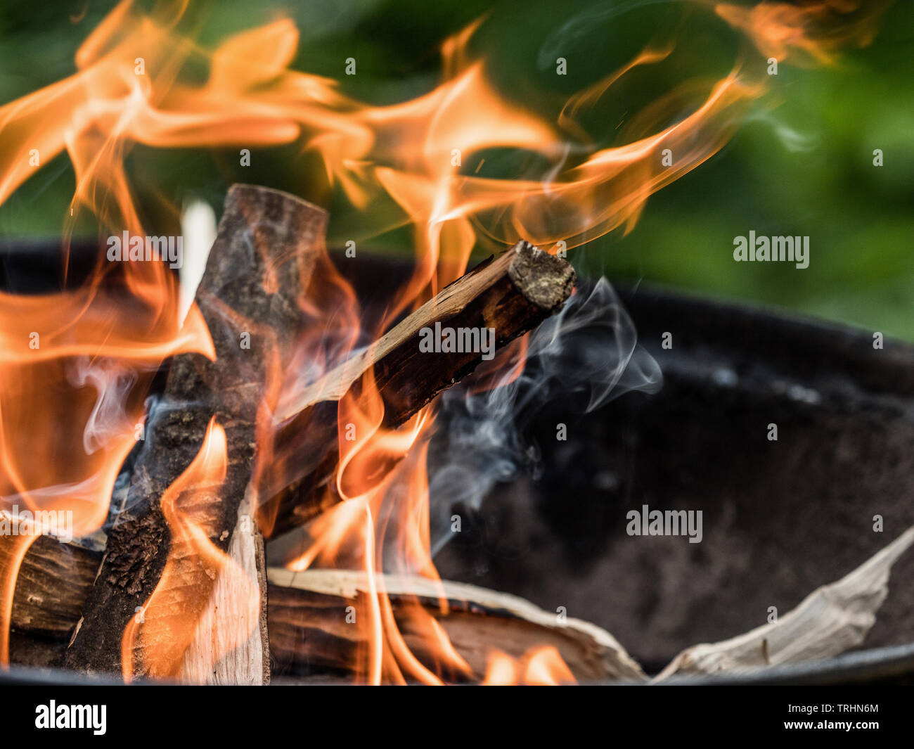 Barbecue grill with fire on nature, outdoor, close up. Empty Grill With ...