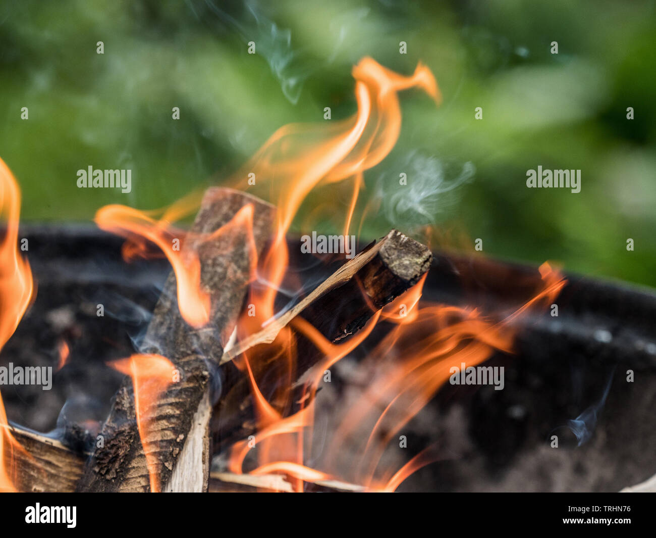 Barbecue grill with fire on nature, outdoor, close up. Empty Grill With ...