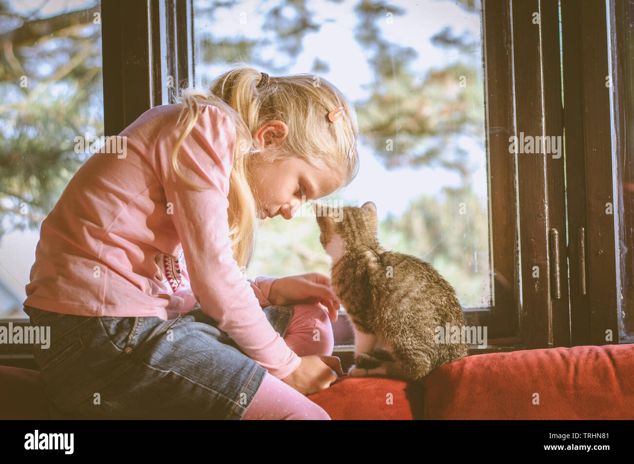 adorable blond girl with cat sitting next to the window with view to ...
