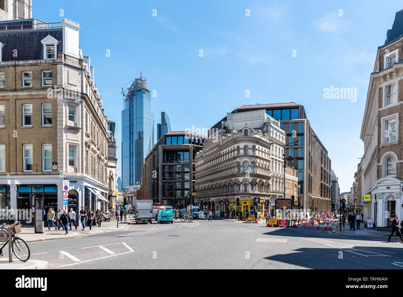 London, UK - May 14, 2019: Street scene in the financial district in ...