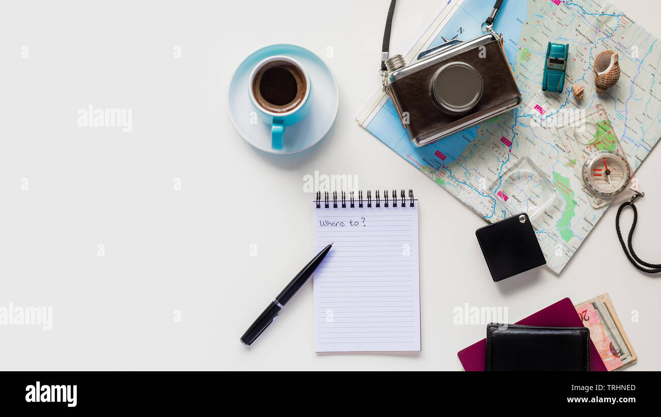 Flat Lay Top View vintage Map for planning a trip or vacation with scattered items Stock Photo ...