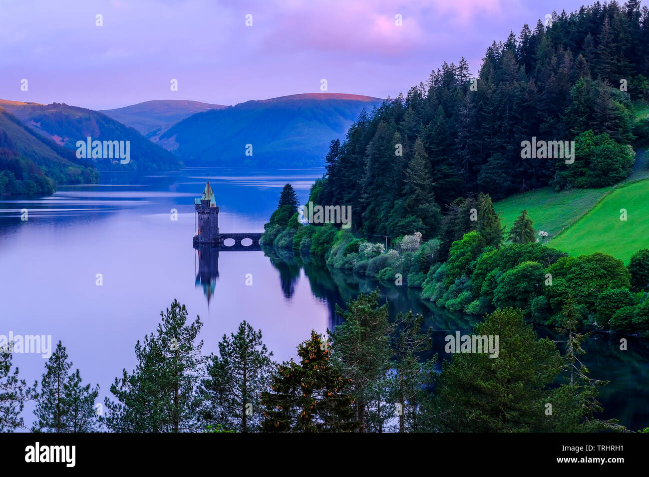 Lake Vyrnwy, dam, from The Lake Vyrnwy Hotel & Spa, in the middle of ...