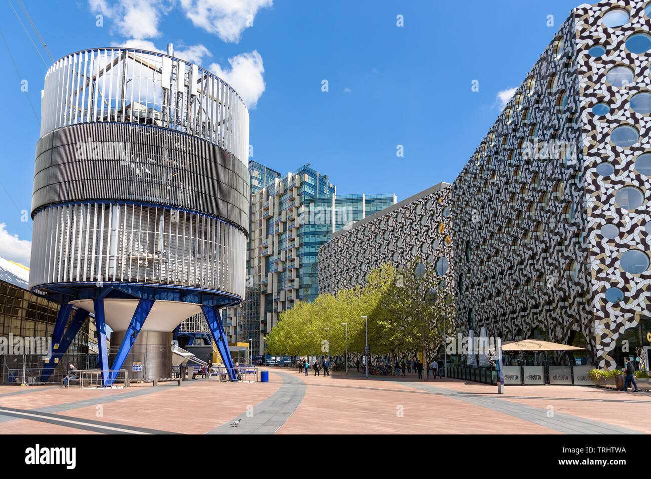 London, UK - May 1, 2018: Modern buildings with shops, bars and ...