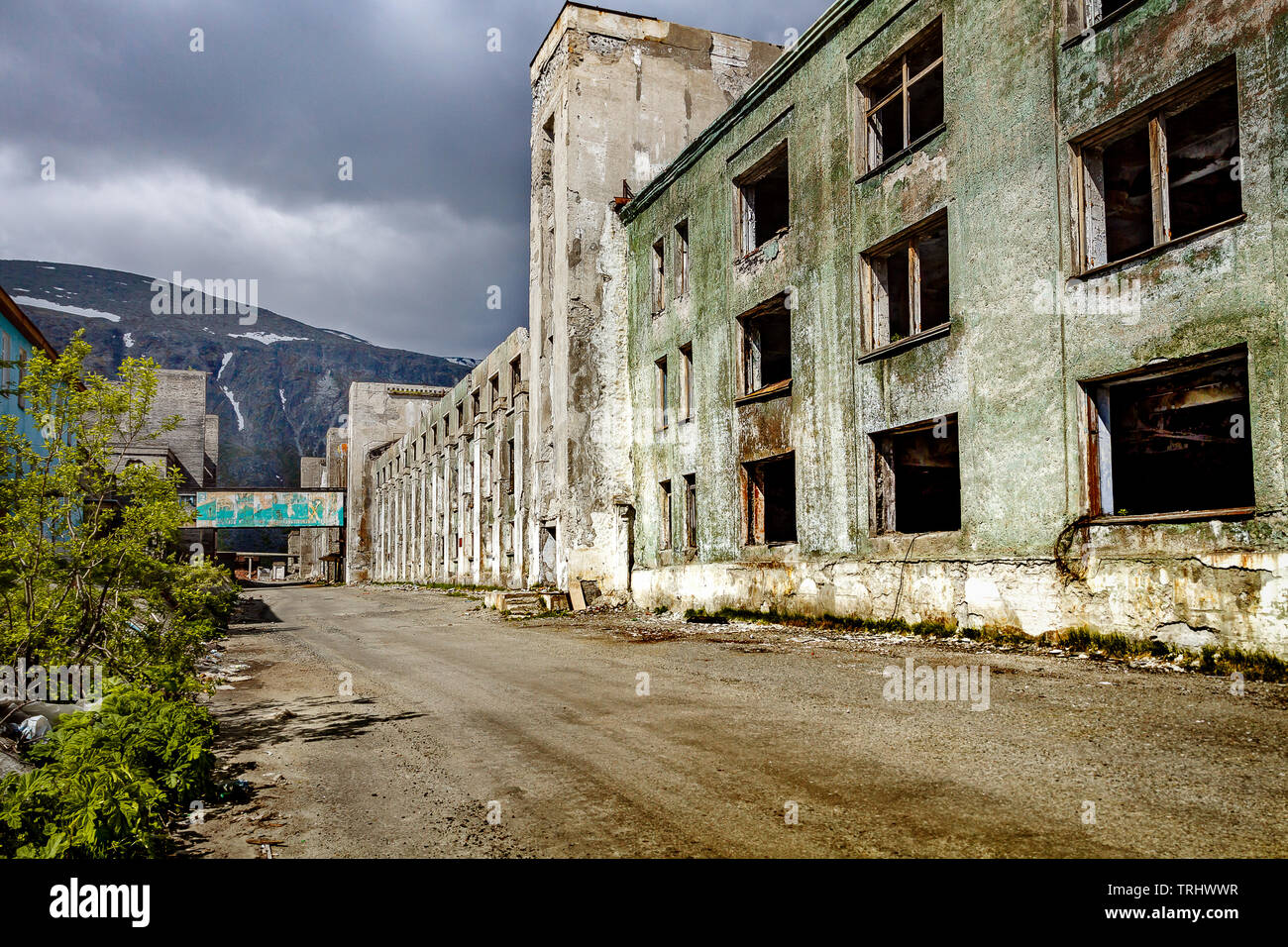 Old destroyed factory in the mountains of Karelia. Apatites. Russia ...