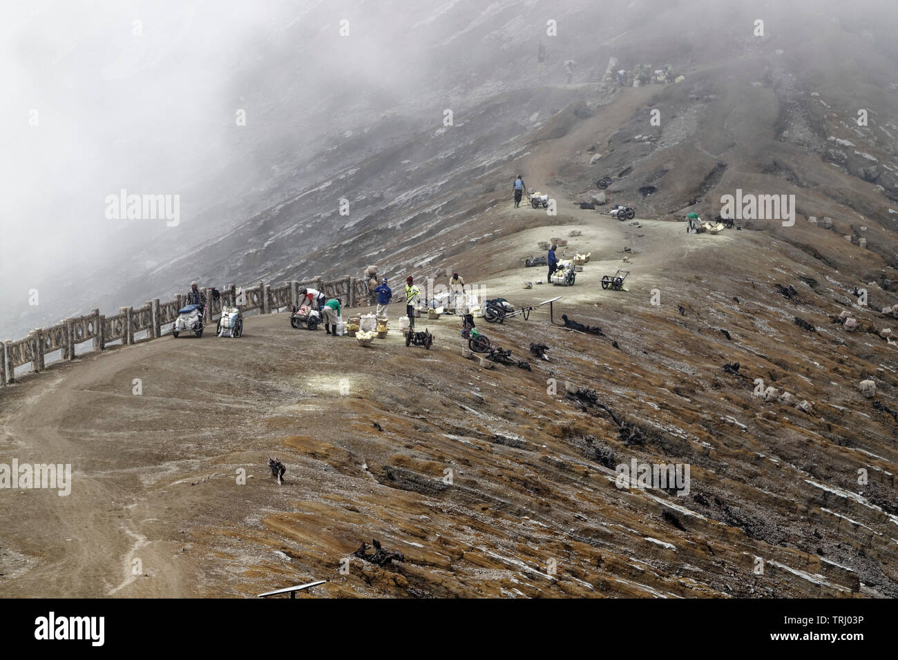 Kawah Ijen, Java island, Indonesia. 11th May, 2019. Panoramic view of sulfur carriers of Kawah ...