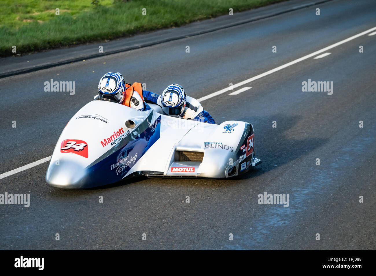Motorcycle sidecar racers at the Isle of Man TT road race, 2019 Stock ...