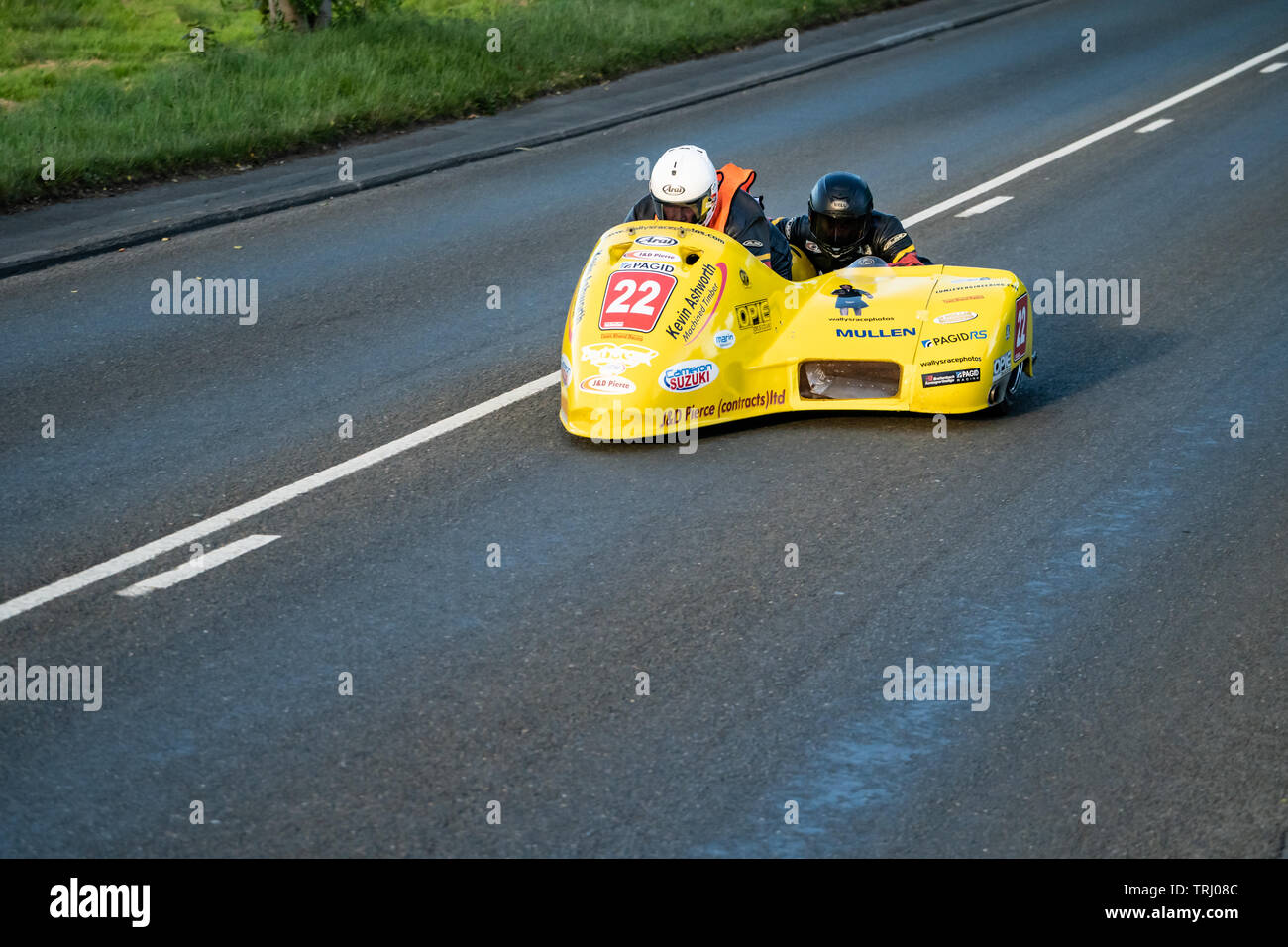 Motorcycle sidecar racers at the Isle of Man TT road race, 2019 Stock ...
