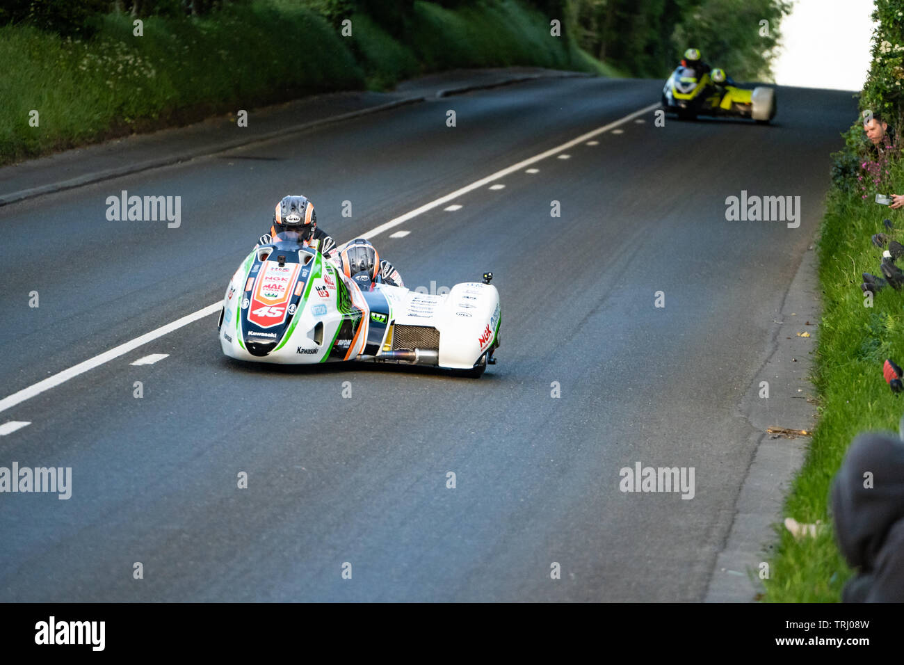 Motorcycle sidecar racers at the Isle of Man TT road race, 2019 Stock ...