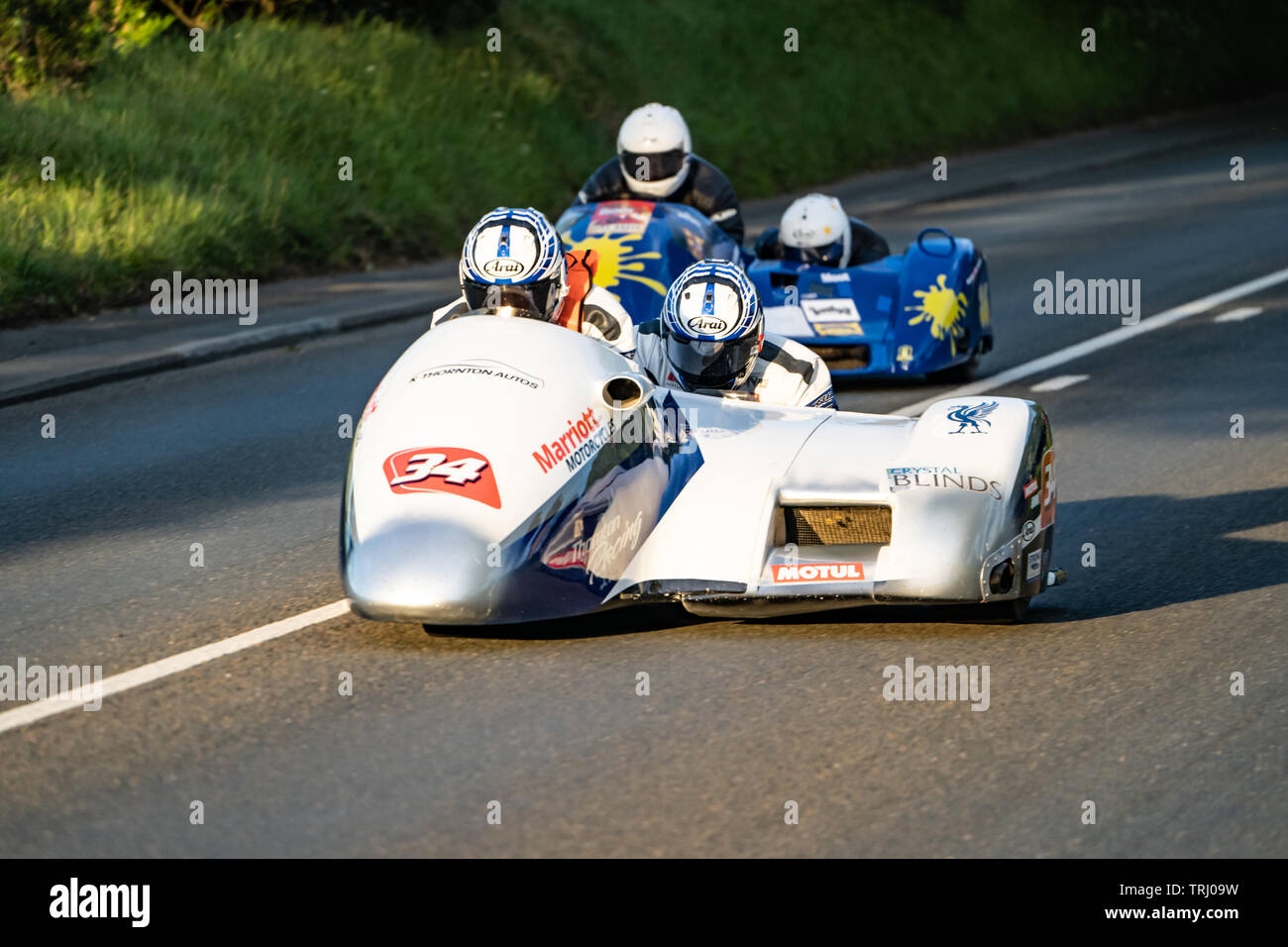 Motorcycle sidecar racers at the Isle of Man TT road race, 2019 Stock ...