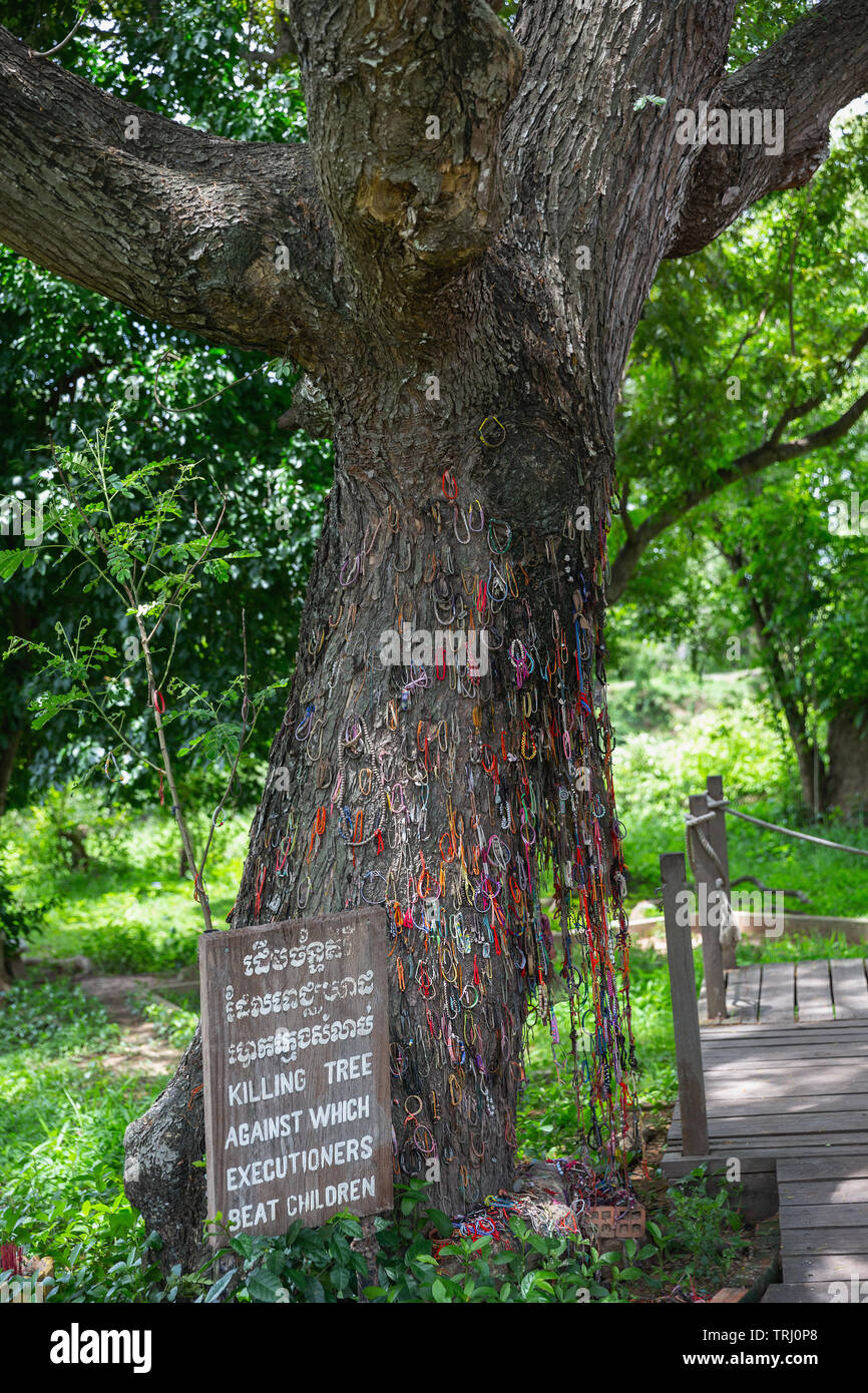 Bracelets hanging on the killing tree at Choeung Ek Genocide Memorial ...