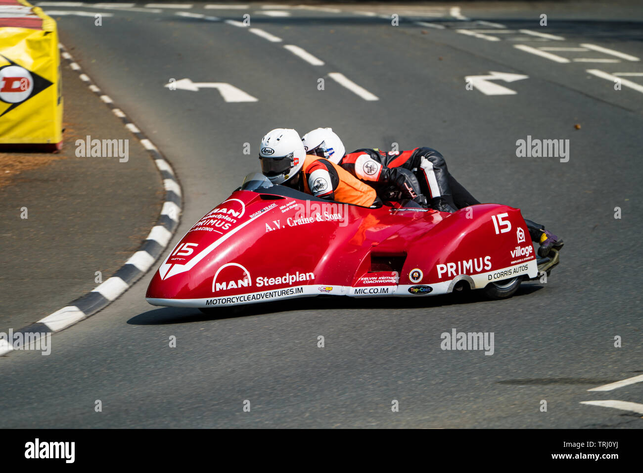Motorcycle sidecar racers at the Isle of Man TT road race, 2019 Stock ...