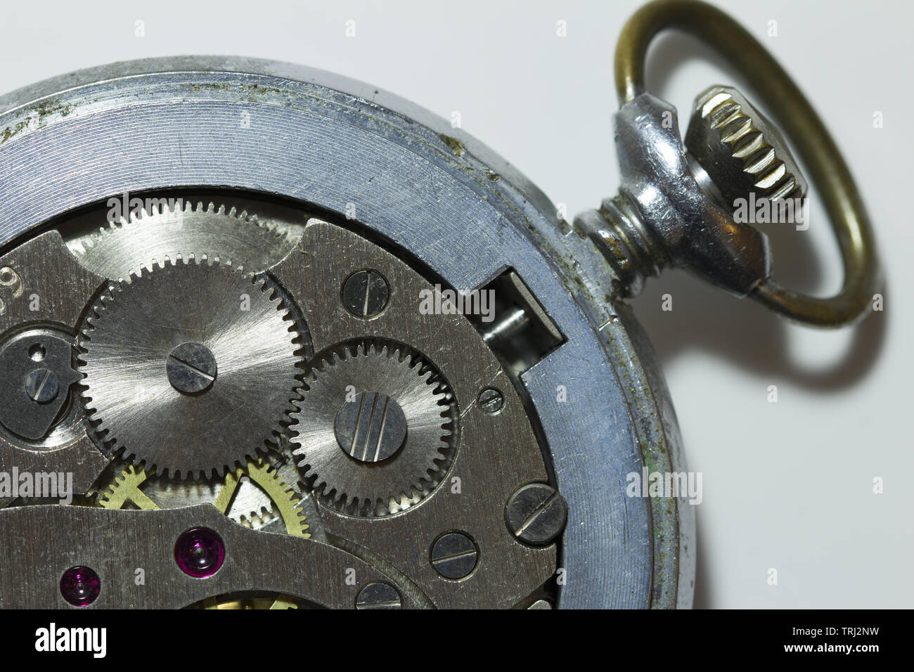 Vintage watch movement close-up. Showing cogs, wheels and jewels Stock ...