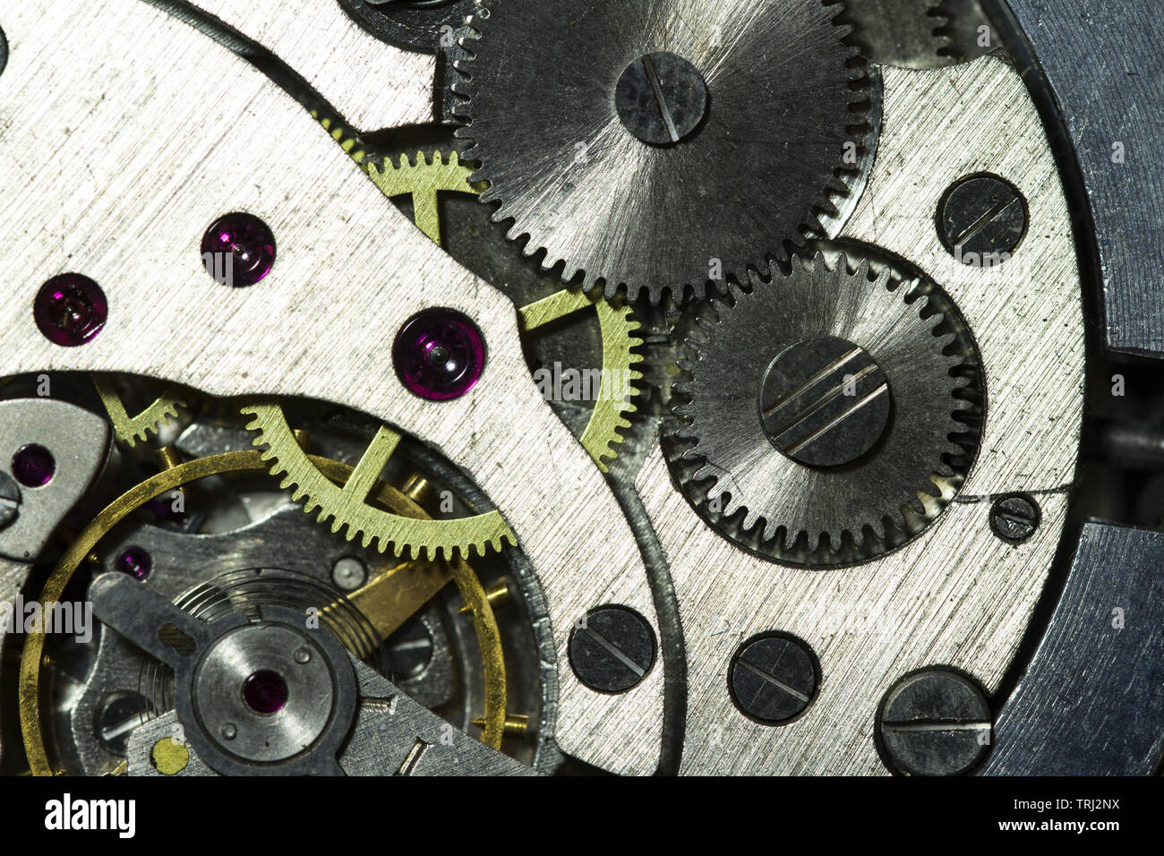 Vintage watch movement close-up. Showing cogs, wheels and jewels Stock ...