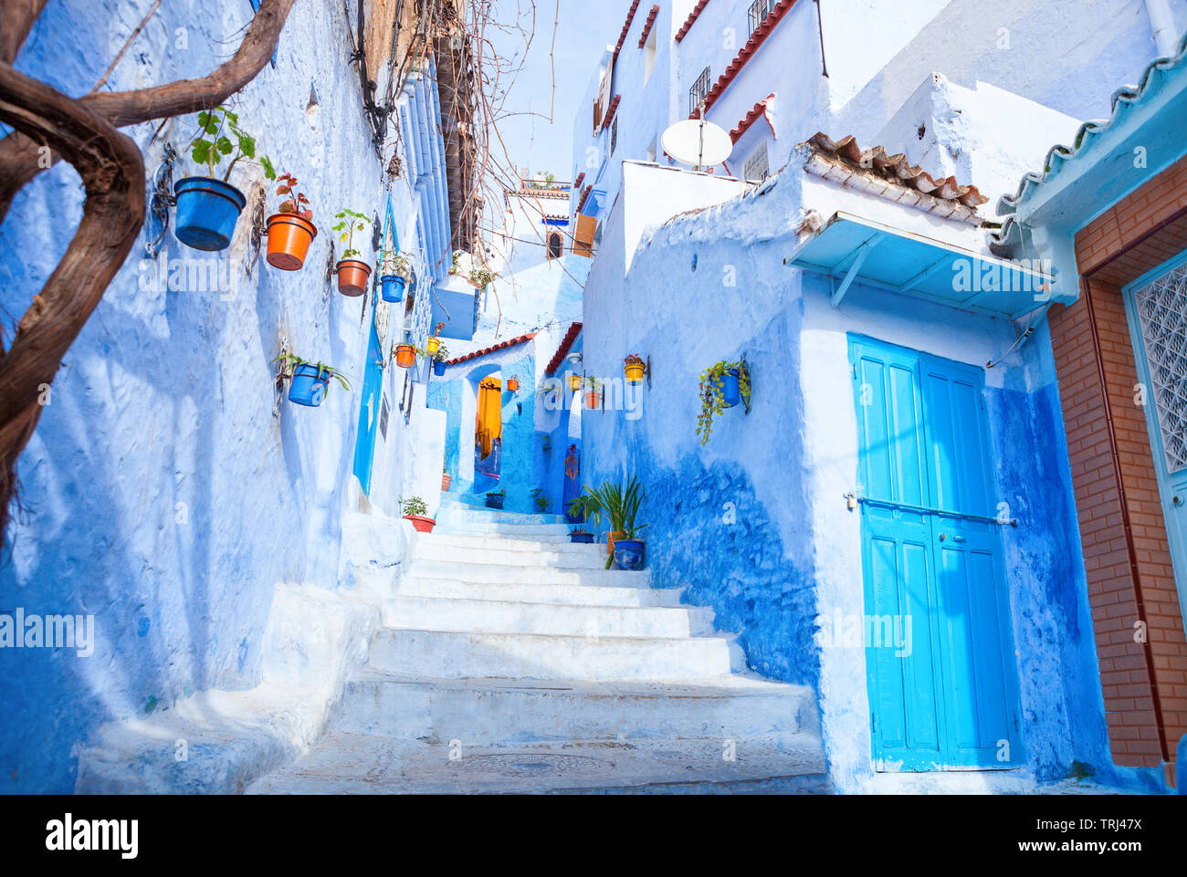 Colourful narrow street in the medina, Chefchaouen, Morocco Stock Photo ...