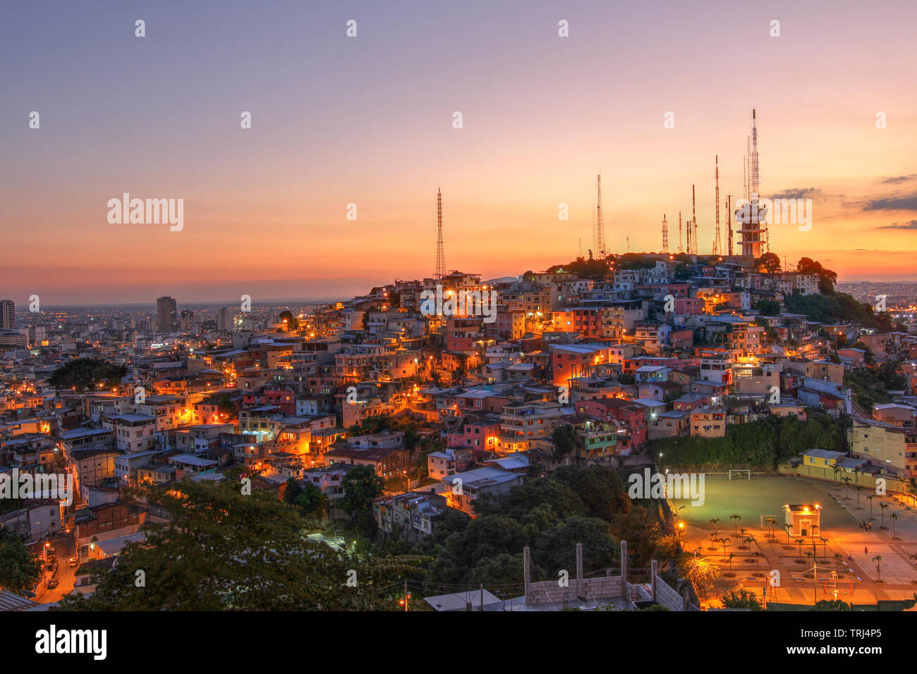 Glorios sunset over Guayaquil, Ecuador with focus on Cerro del Carmel ...