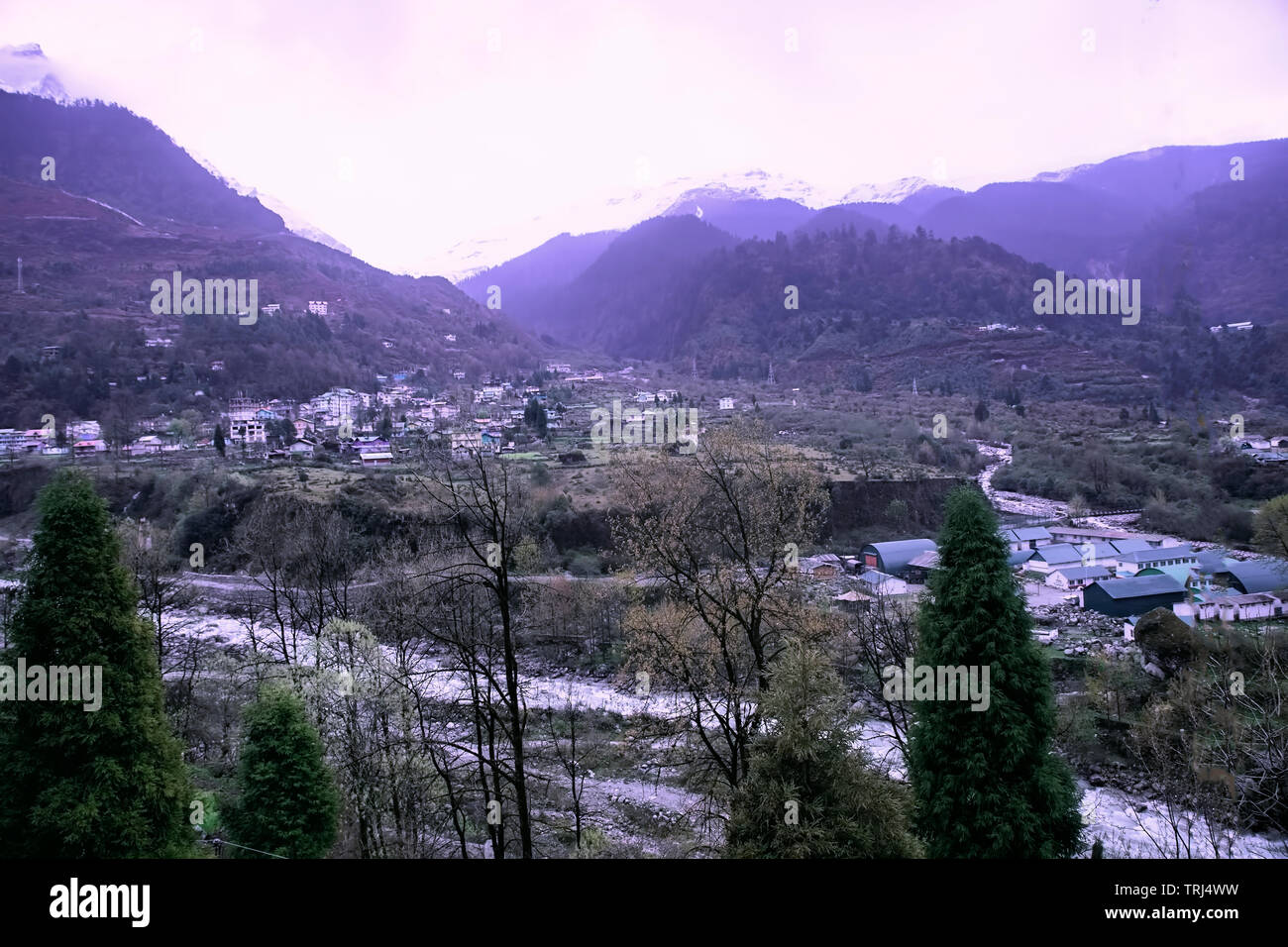 Lachung,a,North Sikkim,valley,river,Lachung,,in front,encircling, in ...