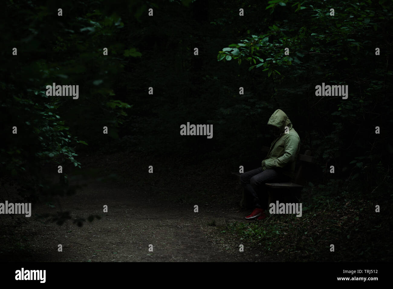 Hooded man sitting on a bench in dark forest alone, sad and depressed ...