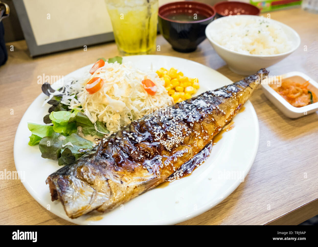 Grilled Saba fish sauce soy with vegetable for healthy Stock Photo - Alamy