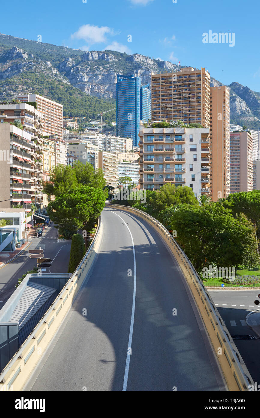 Monte Carlo empty flyover street and skyscrapers in a sunny summer day ...