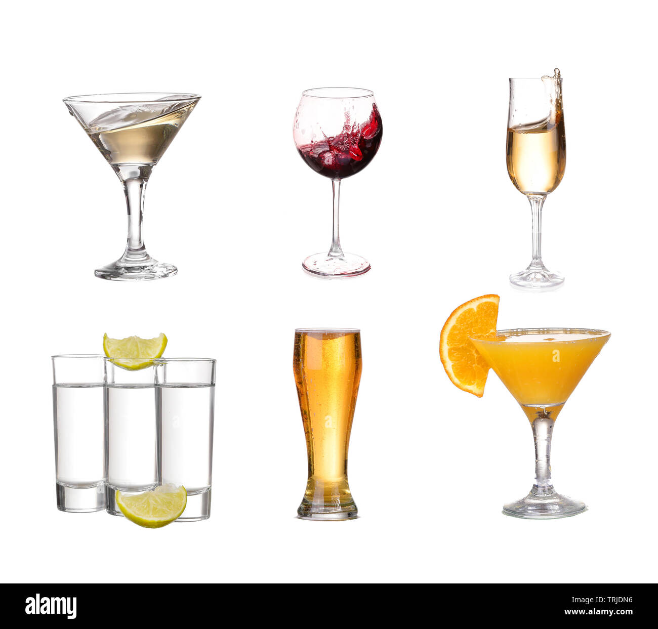 Collage of alcohol drinks. isolated on white Stock Photo - Alamy