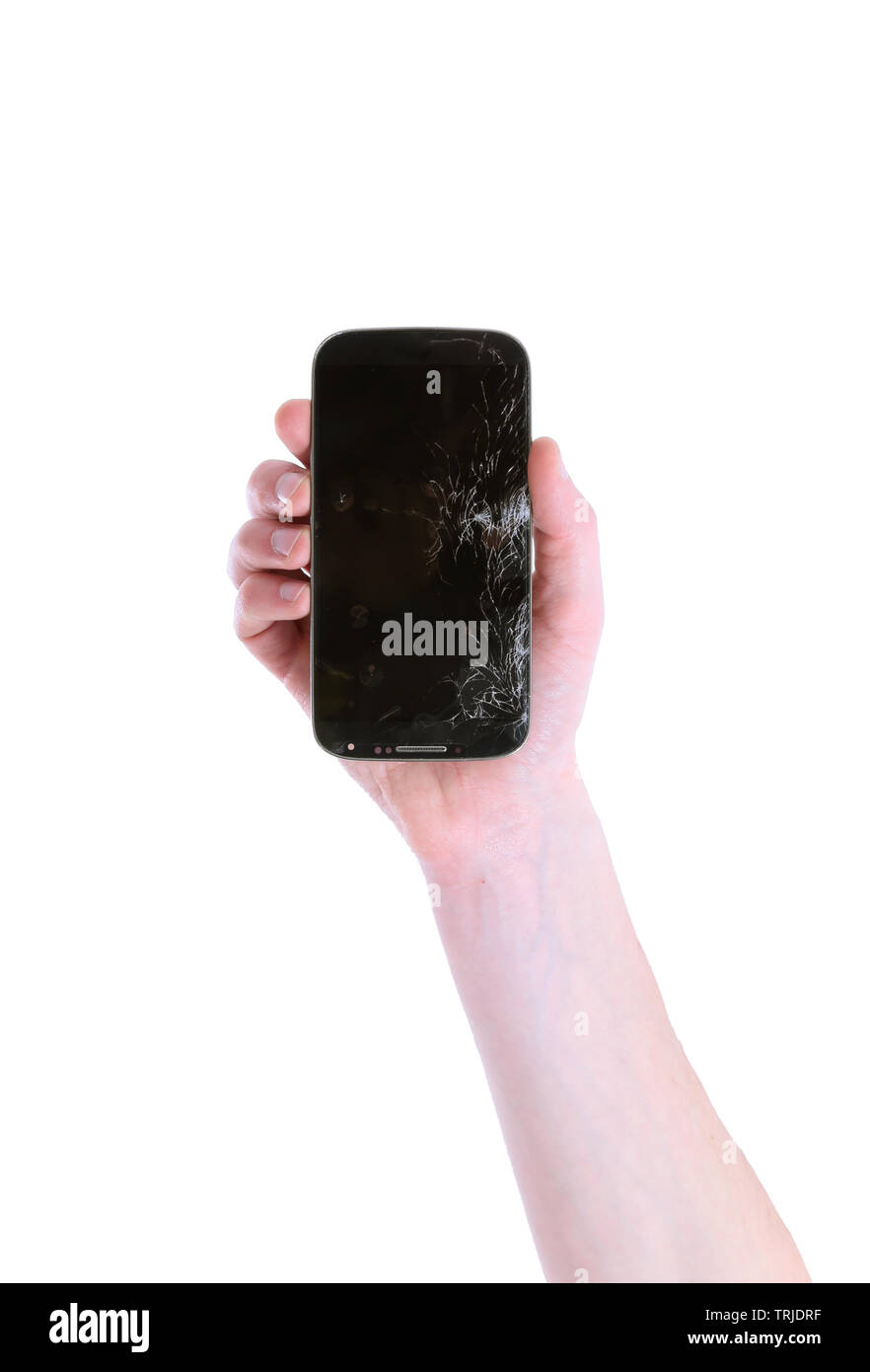 Hand holding smartphone with cracked screen over white background Stock ...