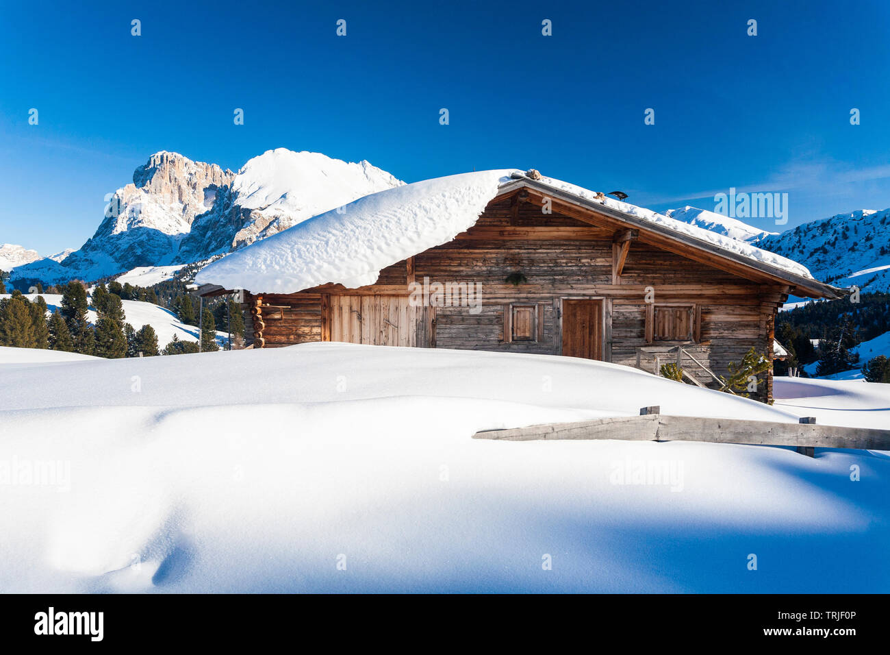 Wood chalet covered with snow, Alpe di Siusi / Seiser Alm, Dolomites ...