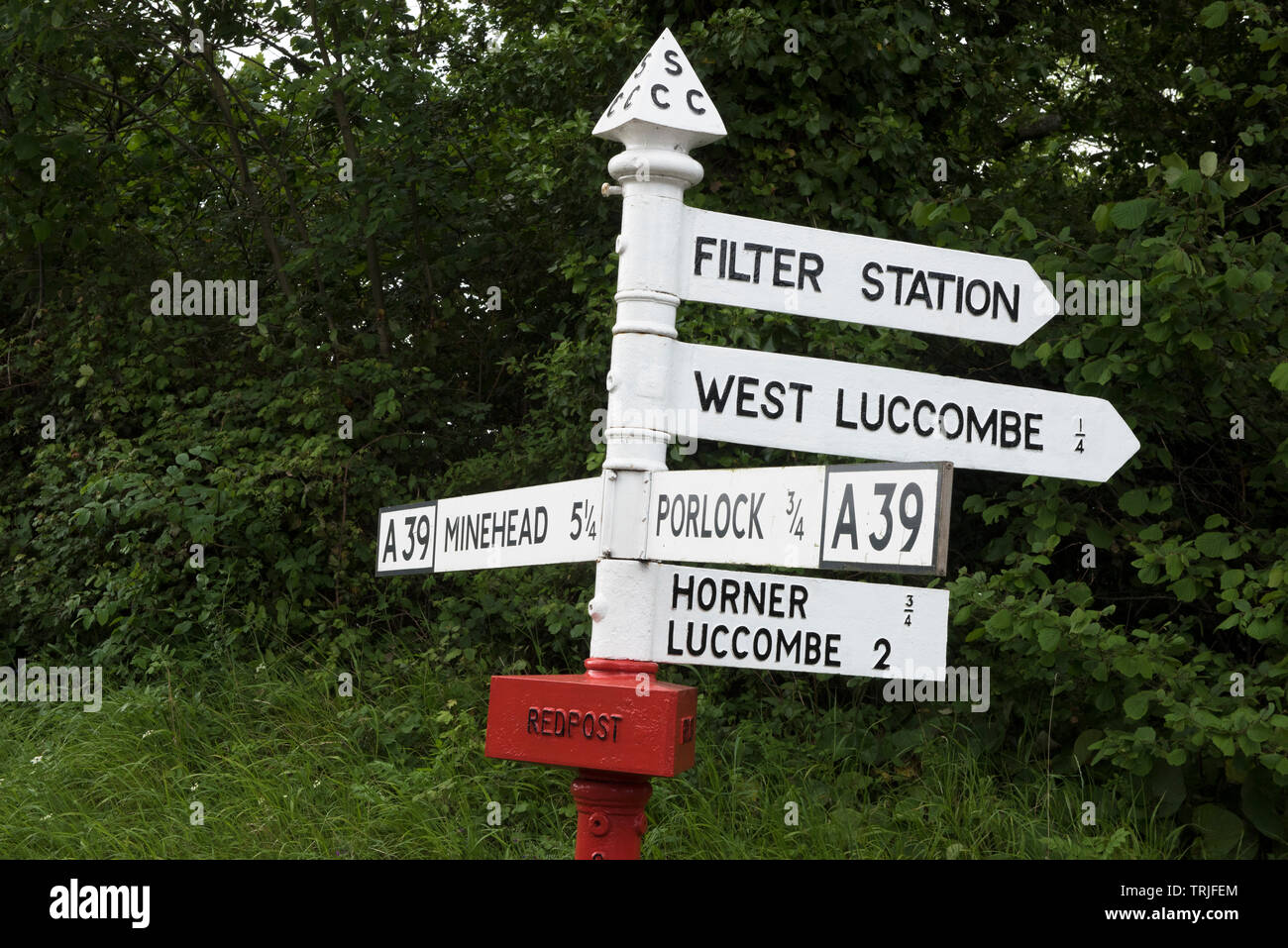 Exmoor Devon England UK. Road sign near Porlock. May 2019 Red Post or ...