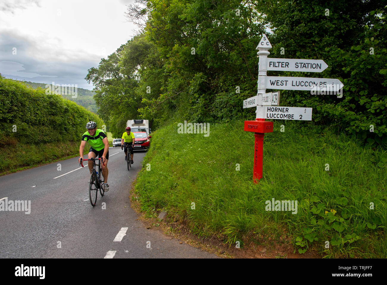 Exmoor Devon England UK. Road sign near Porlock. May 2019 Red Post or ...