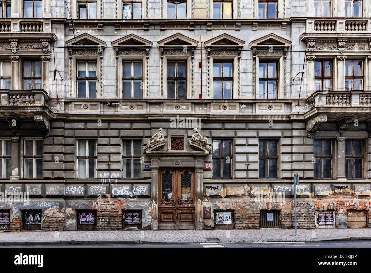 Old historical building disused with graffiti on walls, Prague Stock ...