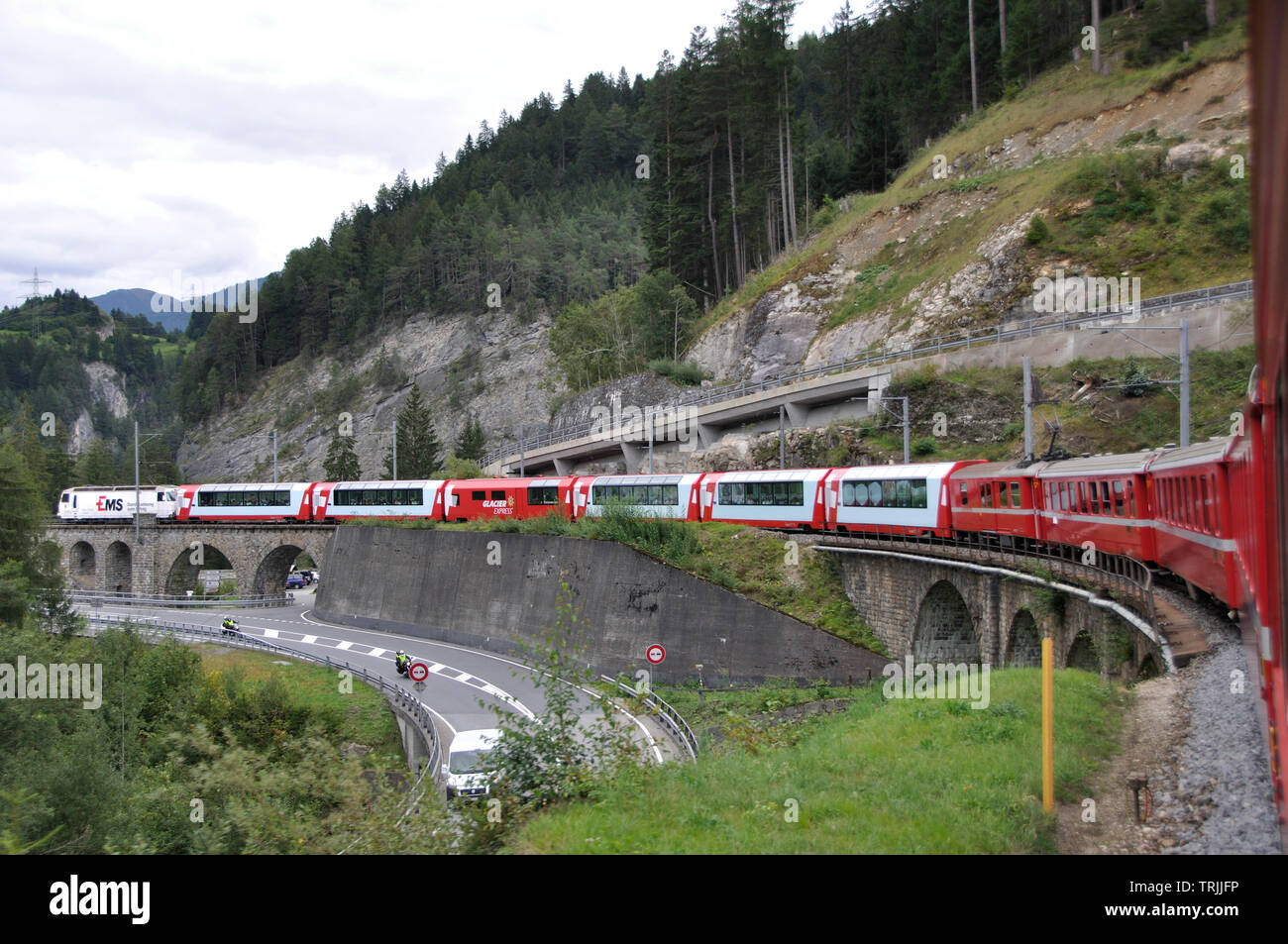 Crossing the swiss alps in the Glacier Express train, which travels ...