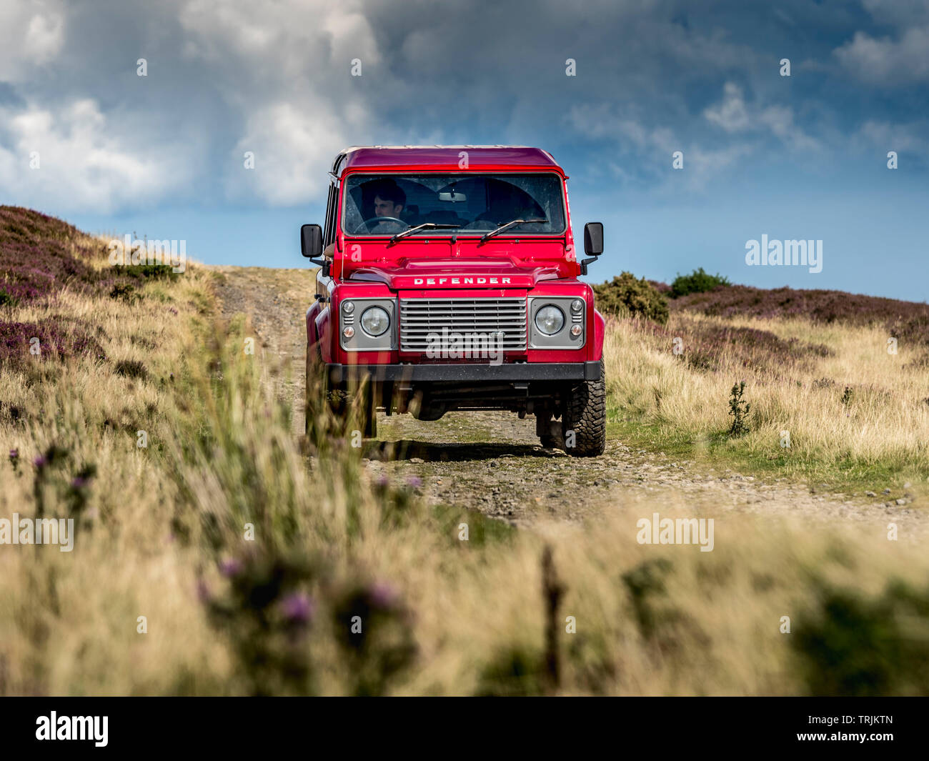 Red Land Rover Defender 110 4WD car navigating a Green Lane track ...