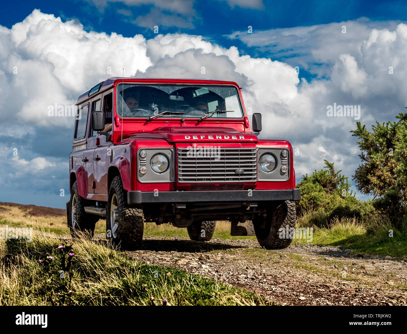 Red Land Rover Defender 110 4WD car navigating a Green Lane track ...