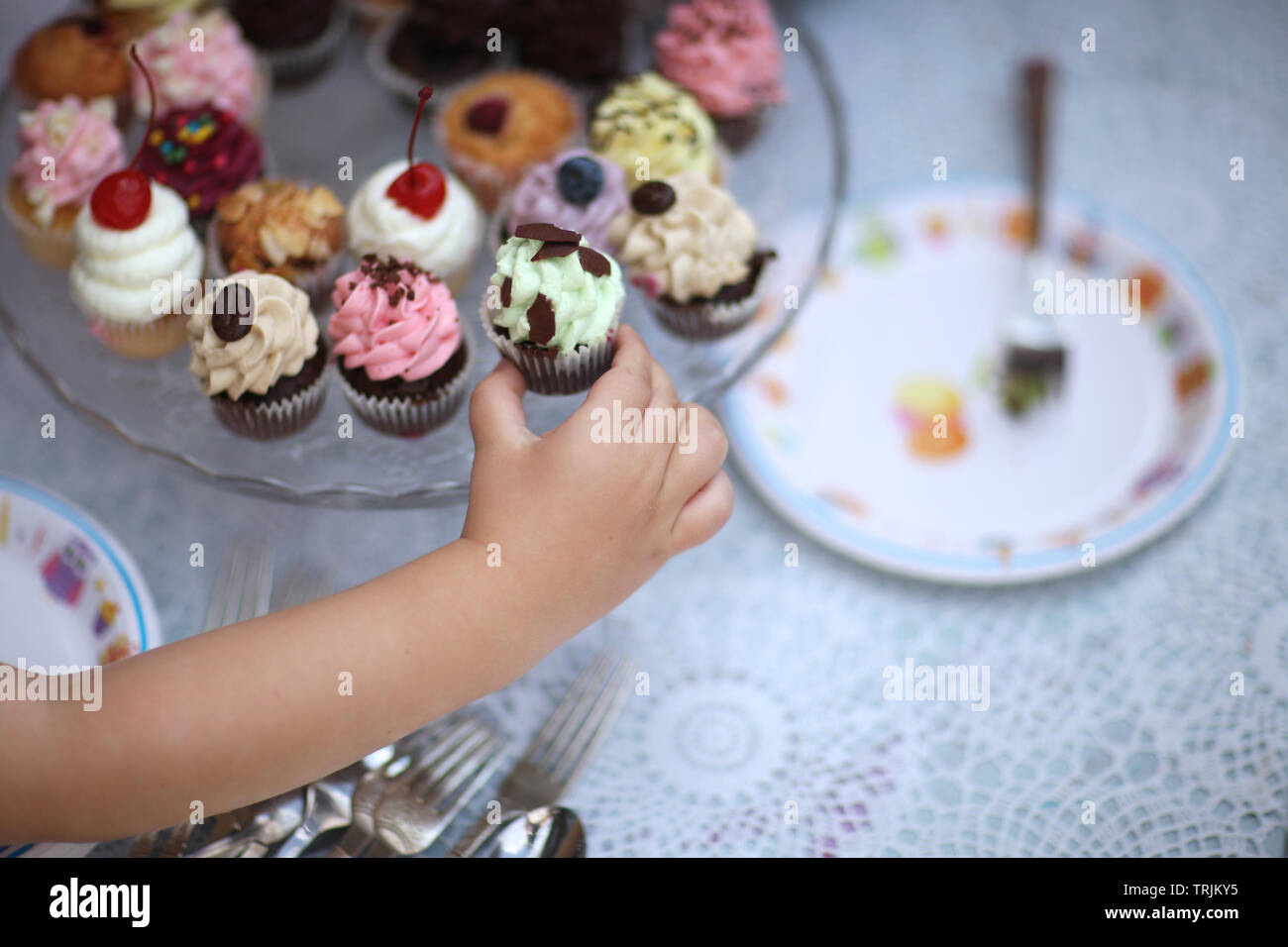 The child chooses a cake at a children's party birthday Stock Photo - Alamy