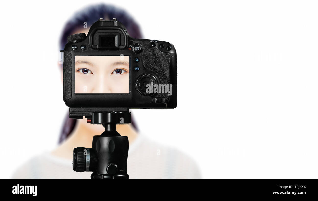 Focus on live view on camera on tripod, teenage girl beauty shoot image ...