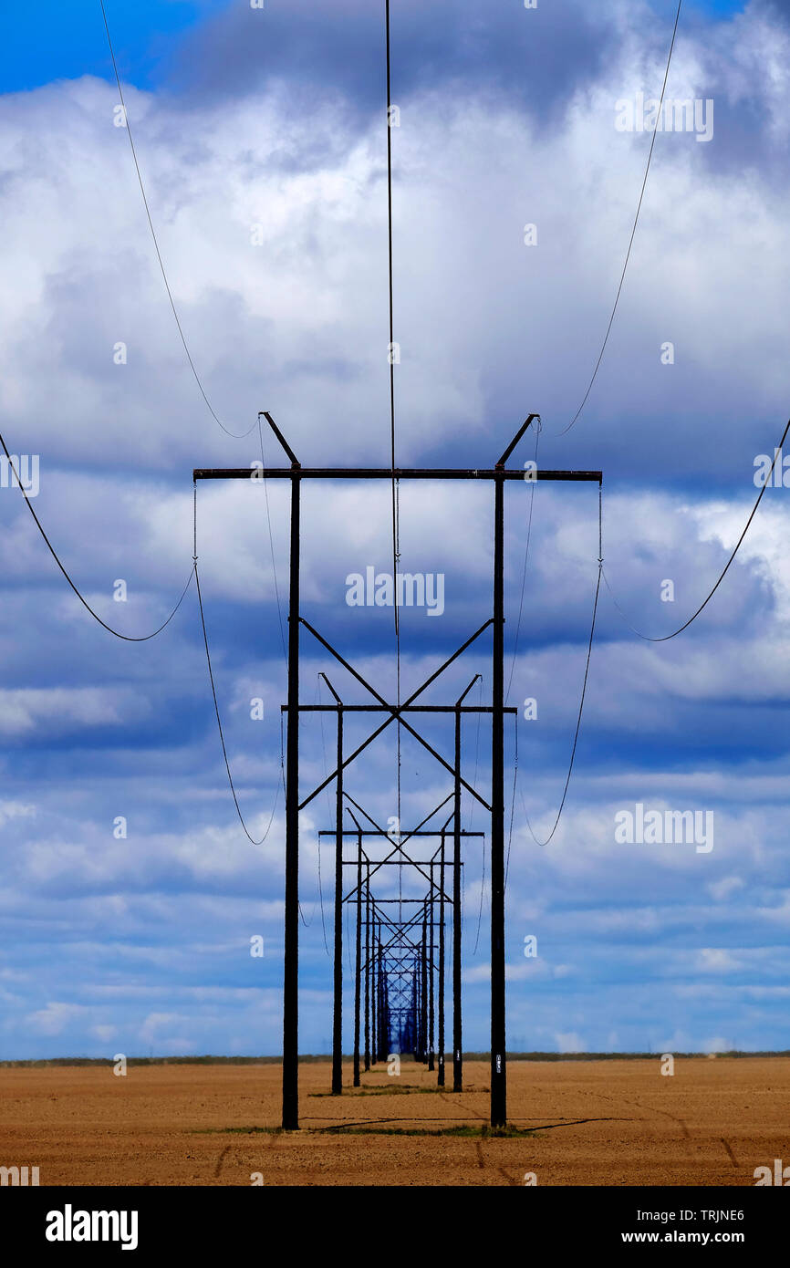 Powerlines in field with blue sky and clouds representing utility Stock ...